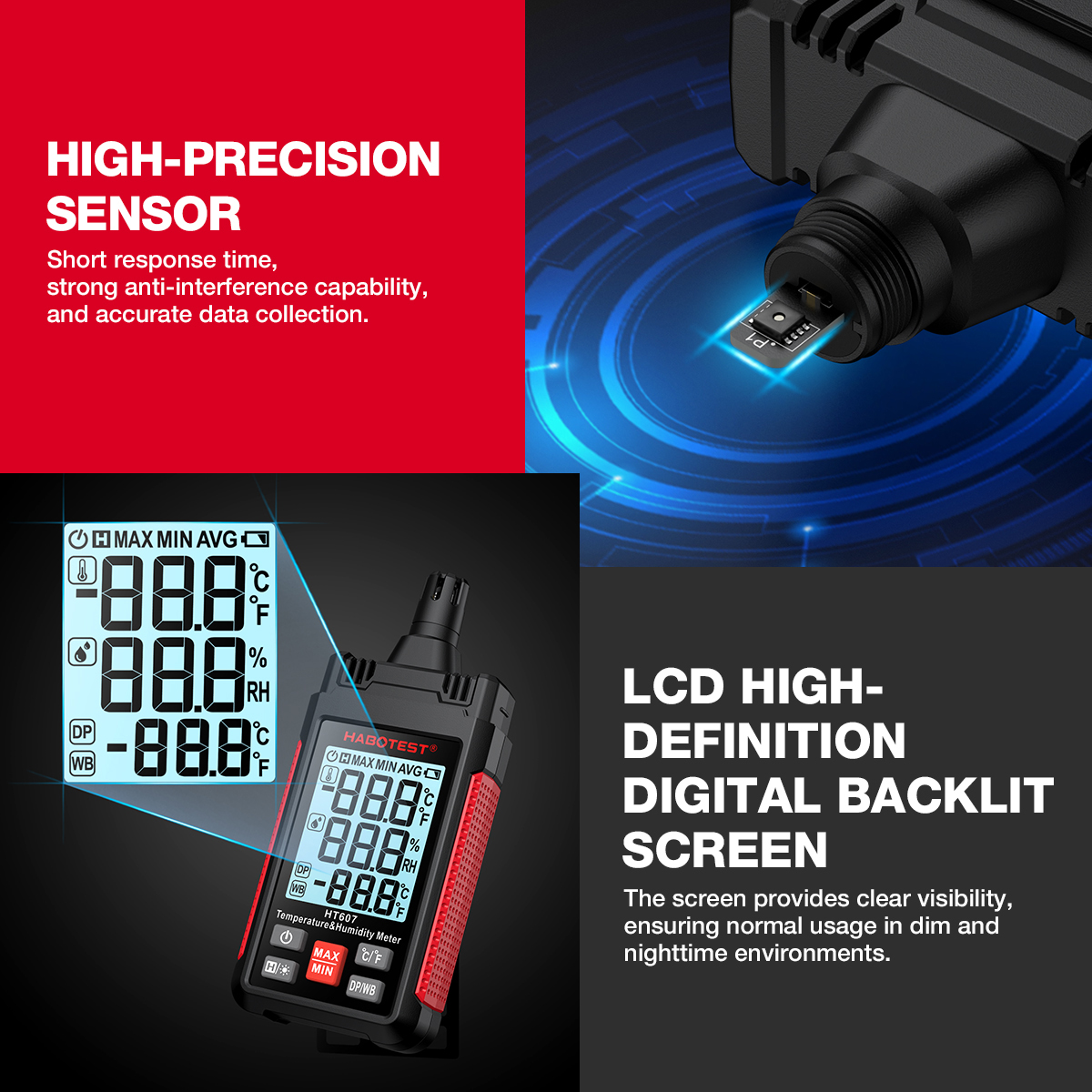 HABOTEST HT607 Temperature & Humidty Mete Handheld Thermometer Moisture ...