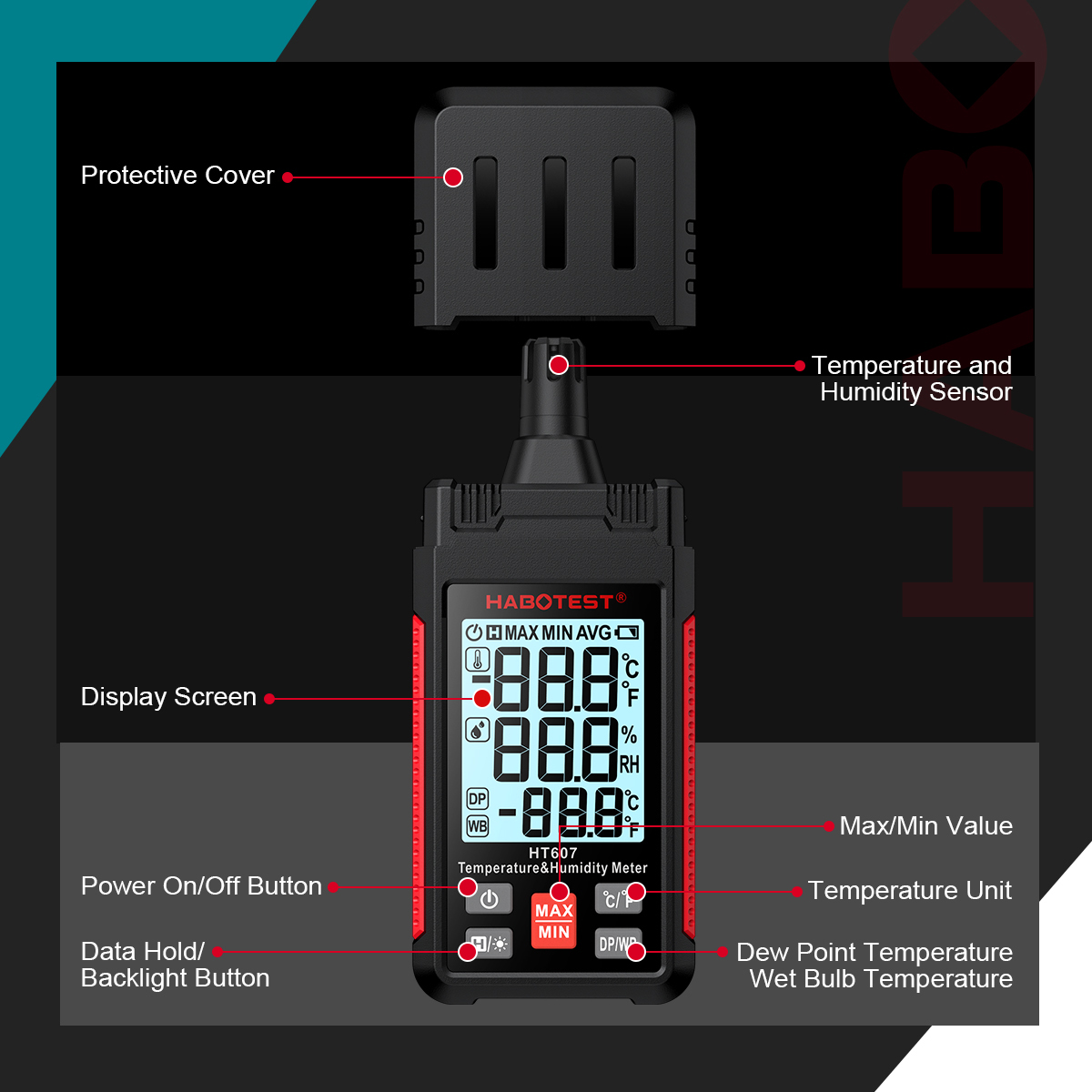 HABOTEST HT607 Temperature & Humidty Mete Handheld Thermometer Moisture ...