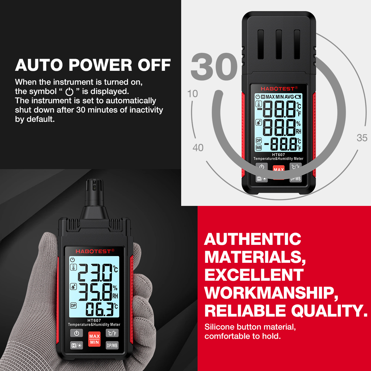 HABOTEST HT607 Temperature & Humidty Mete Handheld Thermometer Moisture ...