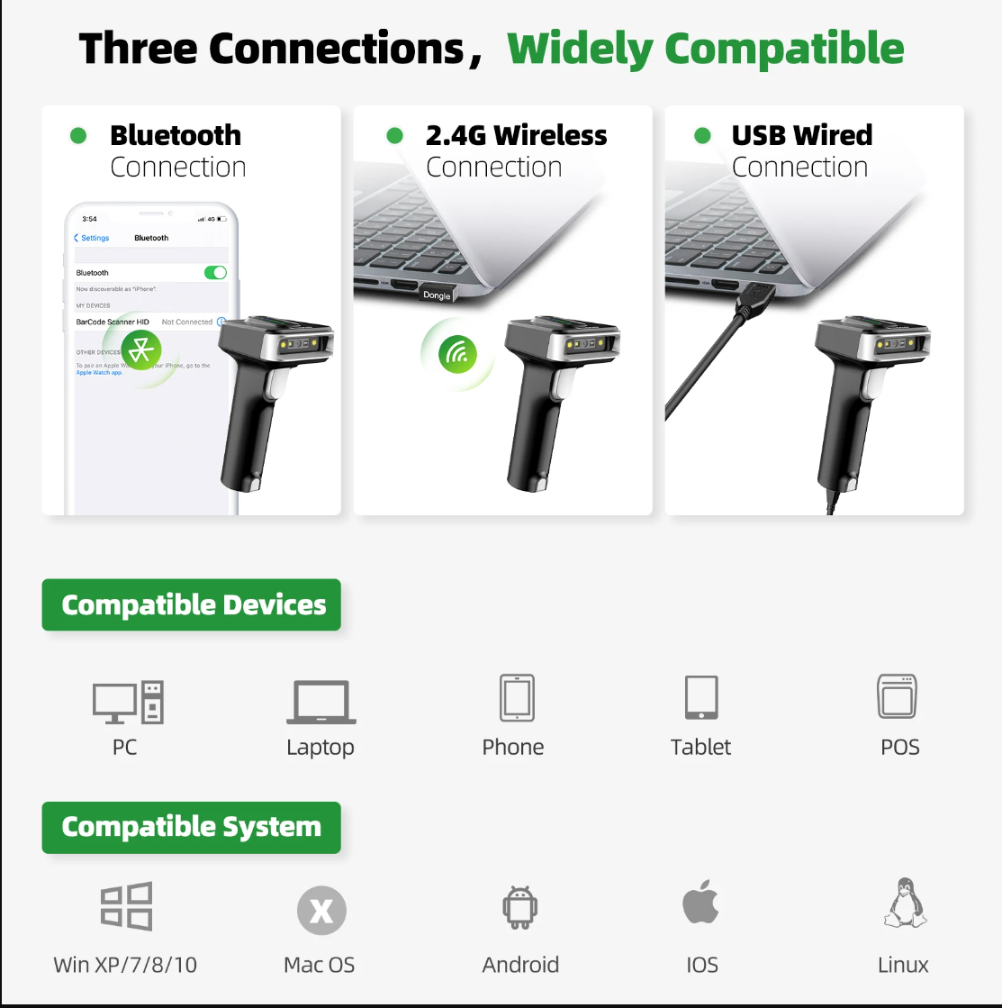 EYOYO 1D 2D Barcode Scanner 3in1 Via Bluetooth 2.4G Wireless USB Wired ...