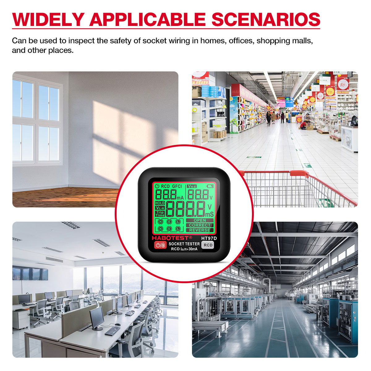 HABOTEST HT97B/D/E Socket Tester Leakage Voltage Test AC 30-260V RCD ...