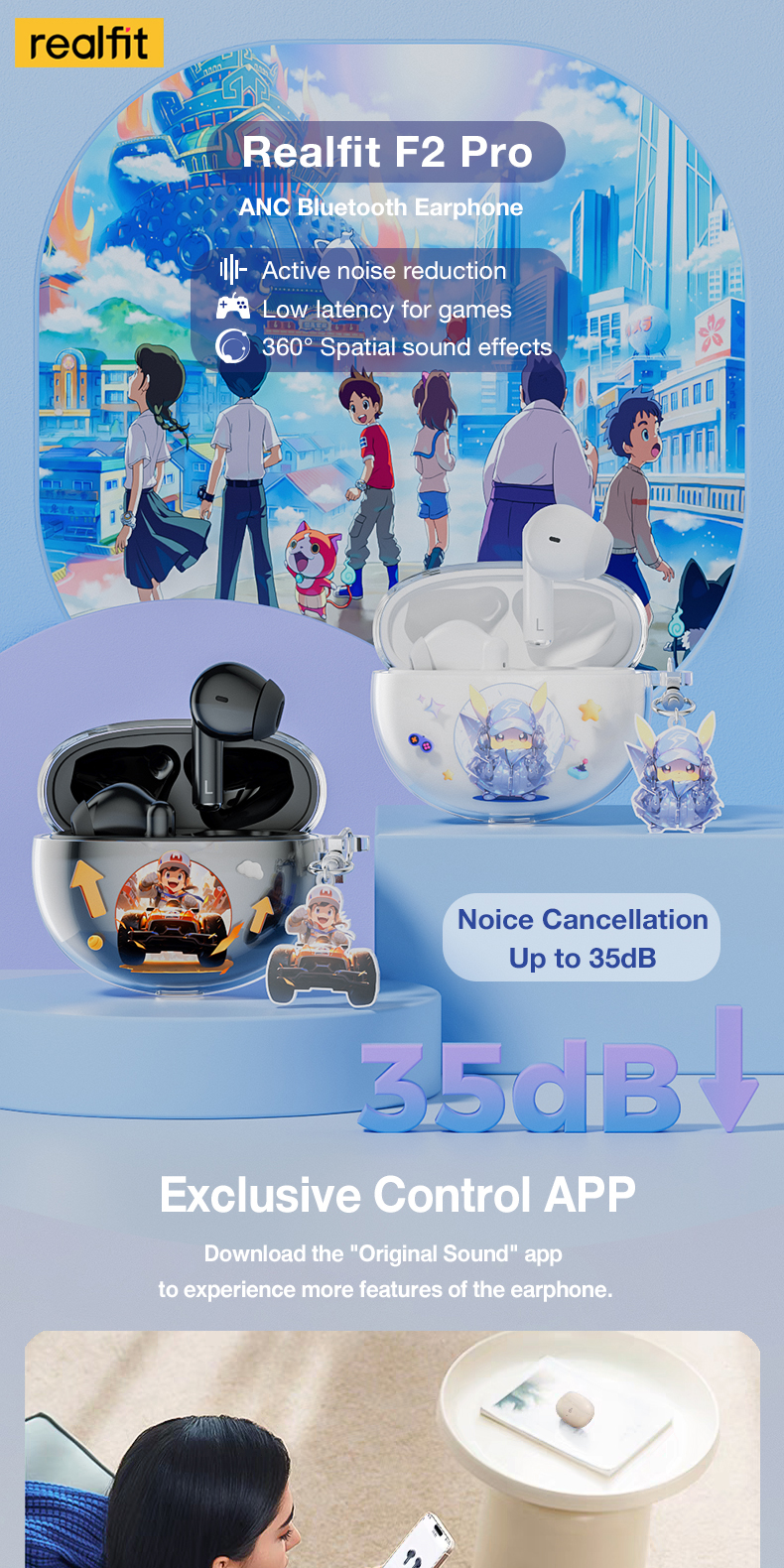 Realfit F2 Pro Bluetooth Earphone ANC Active Noise Cancellation ...