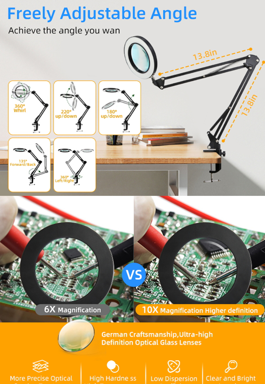 3 Colors Desk Lamp Magnifier Led Table Light Memory Adjustable Lights ...
