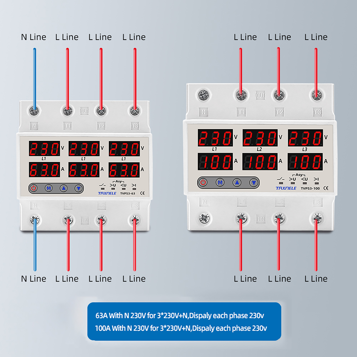 3 three phase Voltage Current Relay Protector 63A 60A 220V 3P+N Over ...