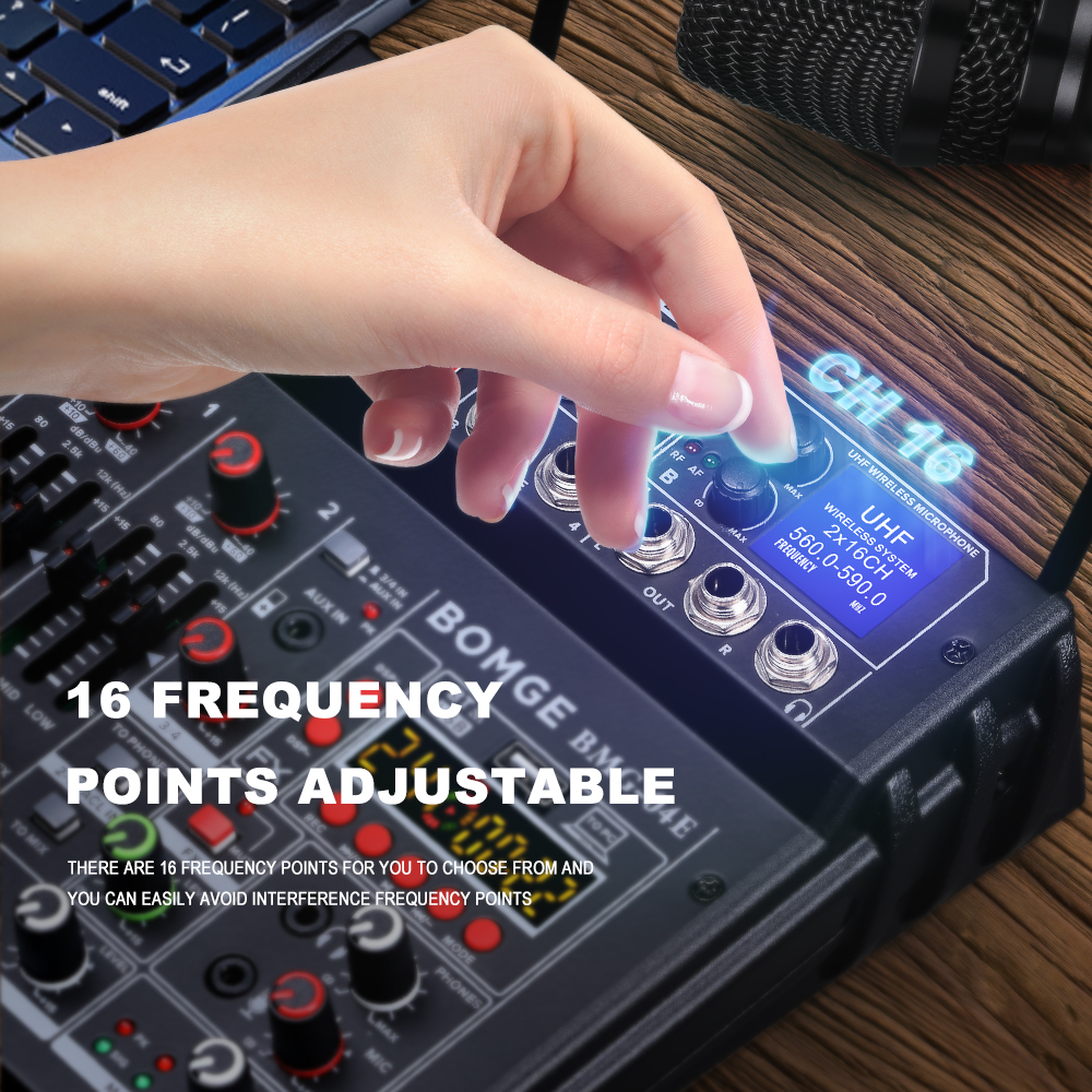 BOMGE 04E karaoke Audio mixer ,4 Channel Sound Mixer With Dual UHF ...