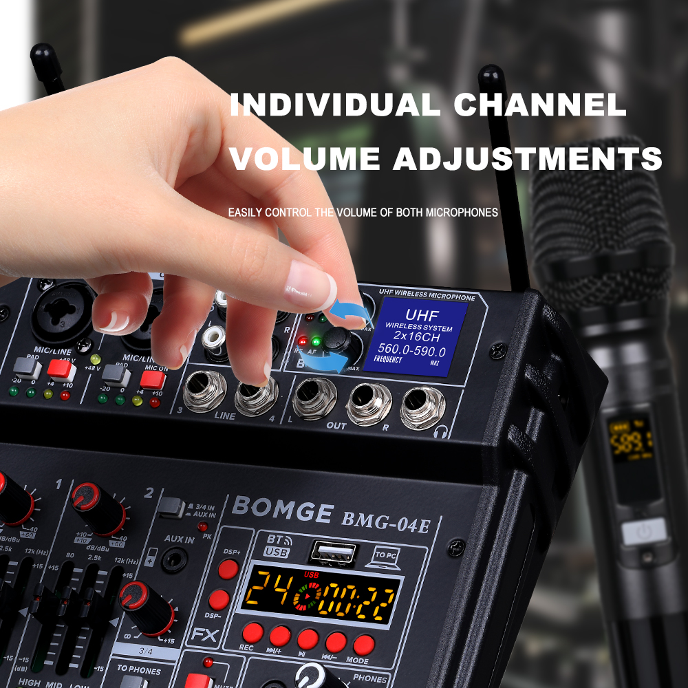 BOMGE 04E karaoke Audio mixer ,4 Channel Sound Mixer With Dual UHF ...
