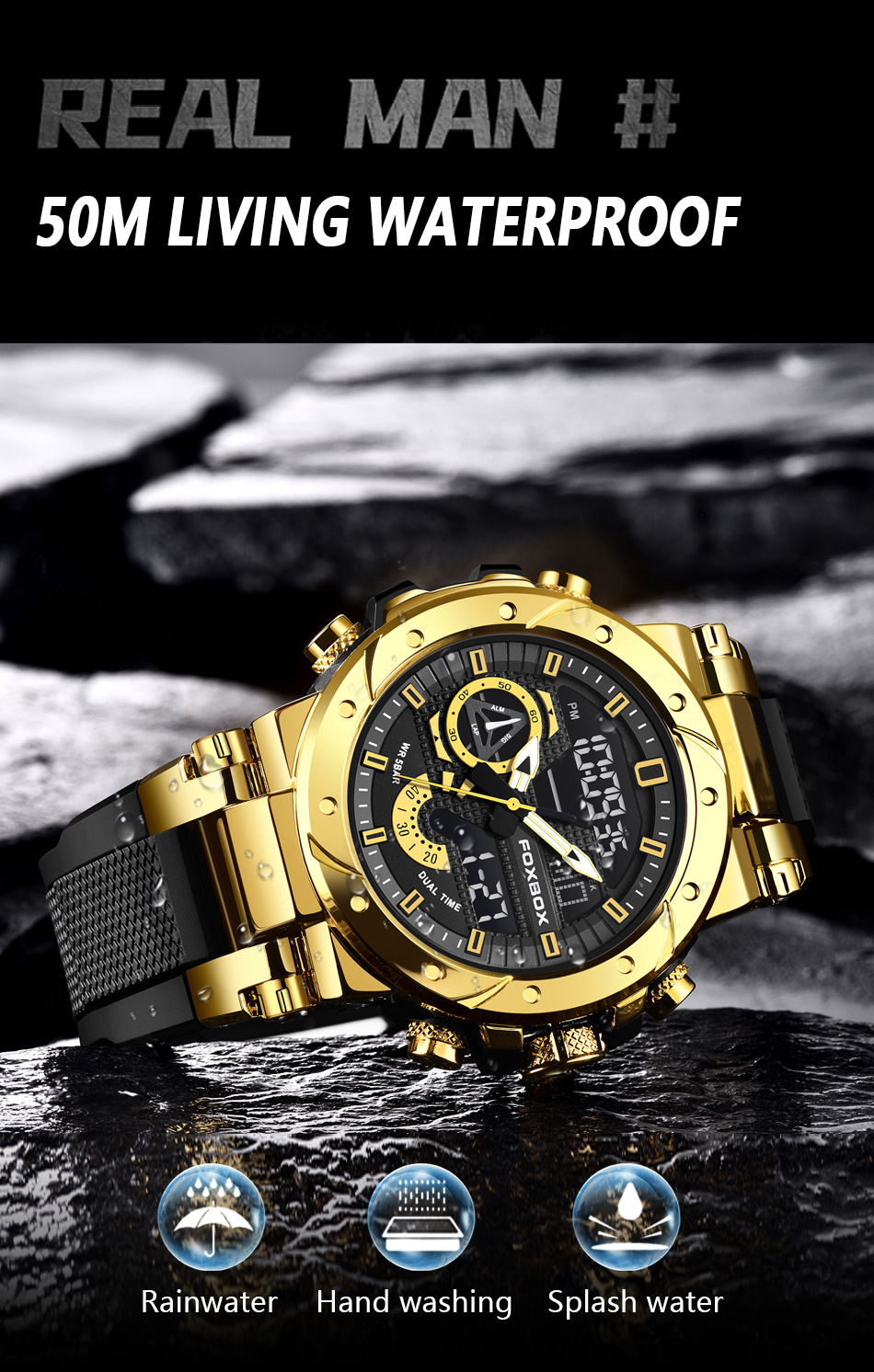 FOXBOX Fashion Digital Watch Men Dial Dual Display Outdoors Waterproof ...