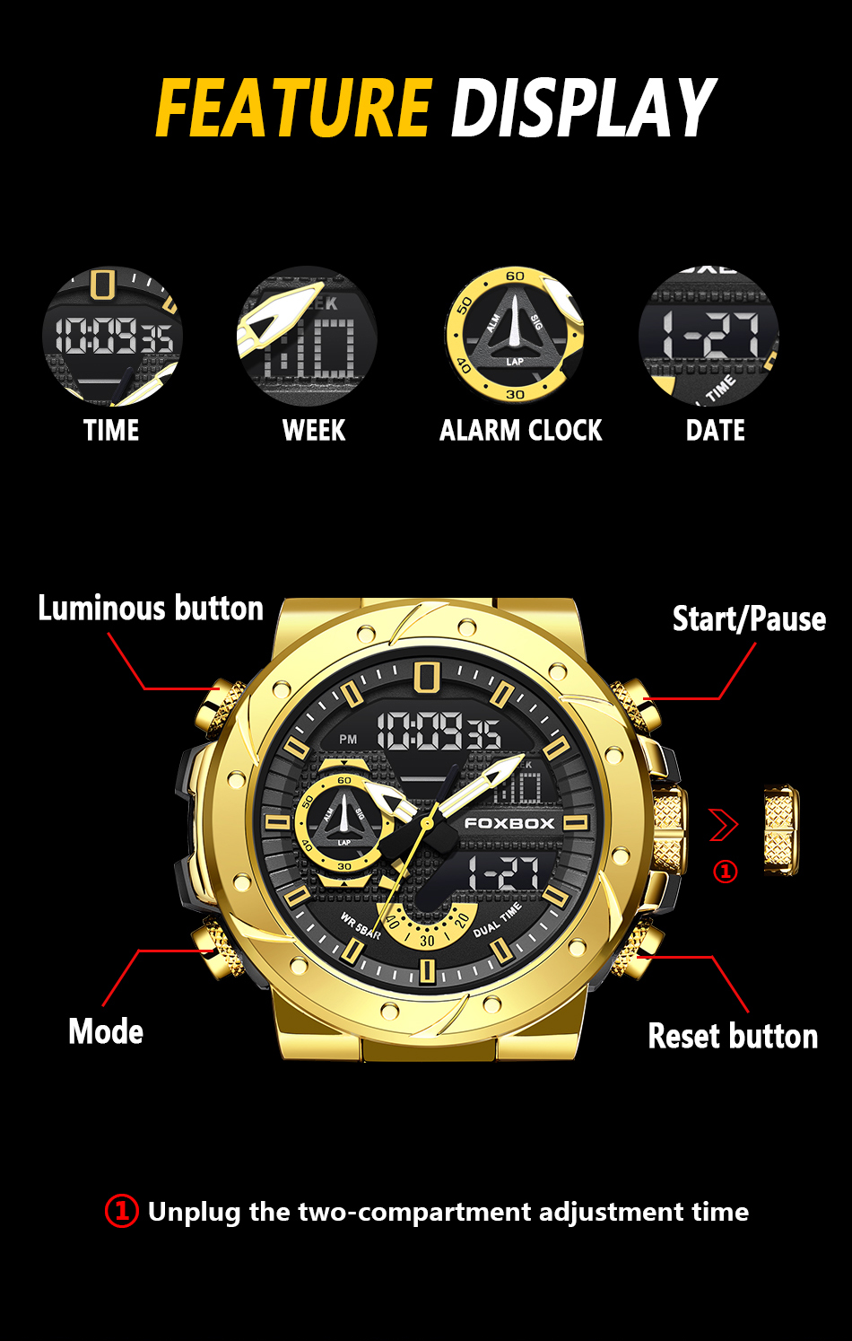 FOXBOX Fashion Digital Watch Men Dial Dual Display Outdoors Waterproof ...