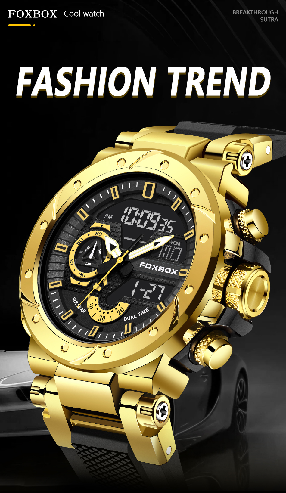 FOXBOX Fashion Digital Watch Men Dial Dual Display Outdoors Waterproof ...