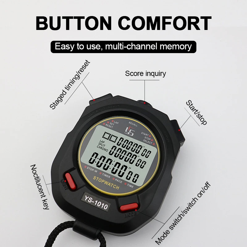 Digital Sports Stopwatch Timer 10/30/60/100 Tracks Luminous Stopwatch ...