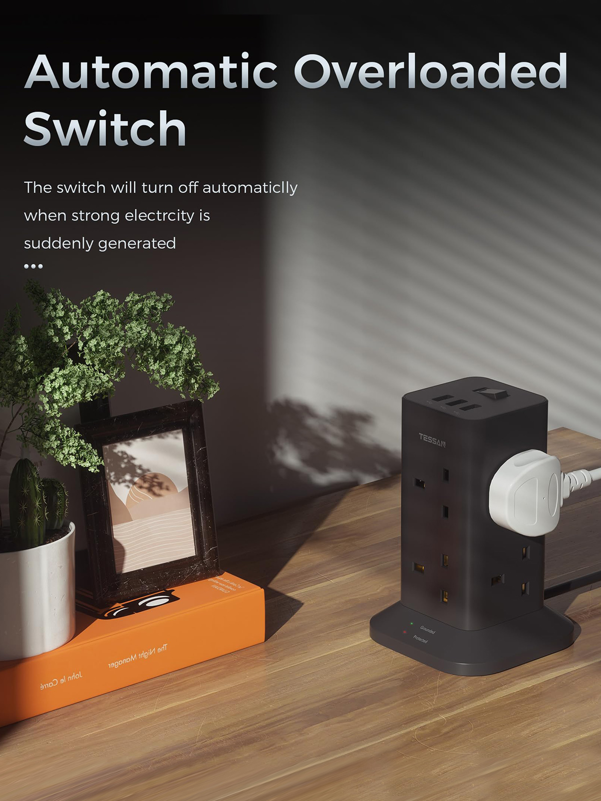 TESSAN Extension Plug Tower Extension Socket Surge Protector with 3 USB ...