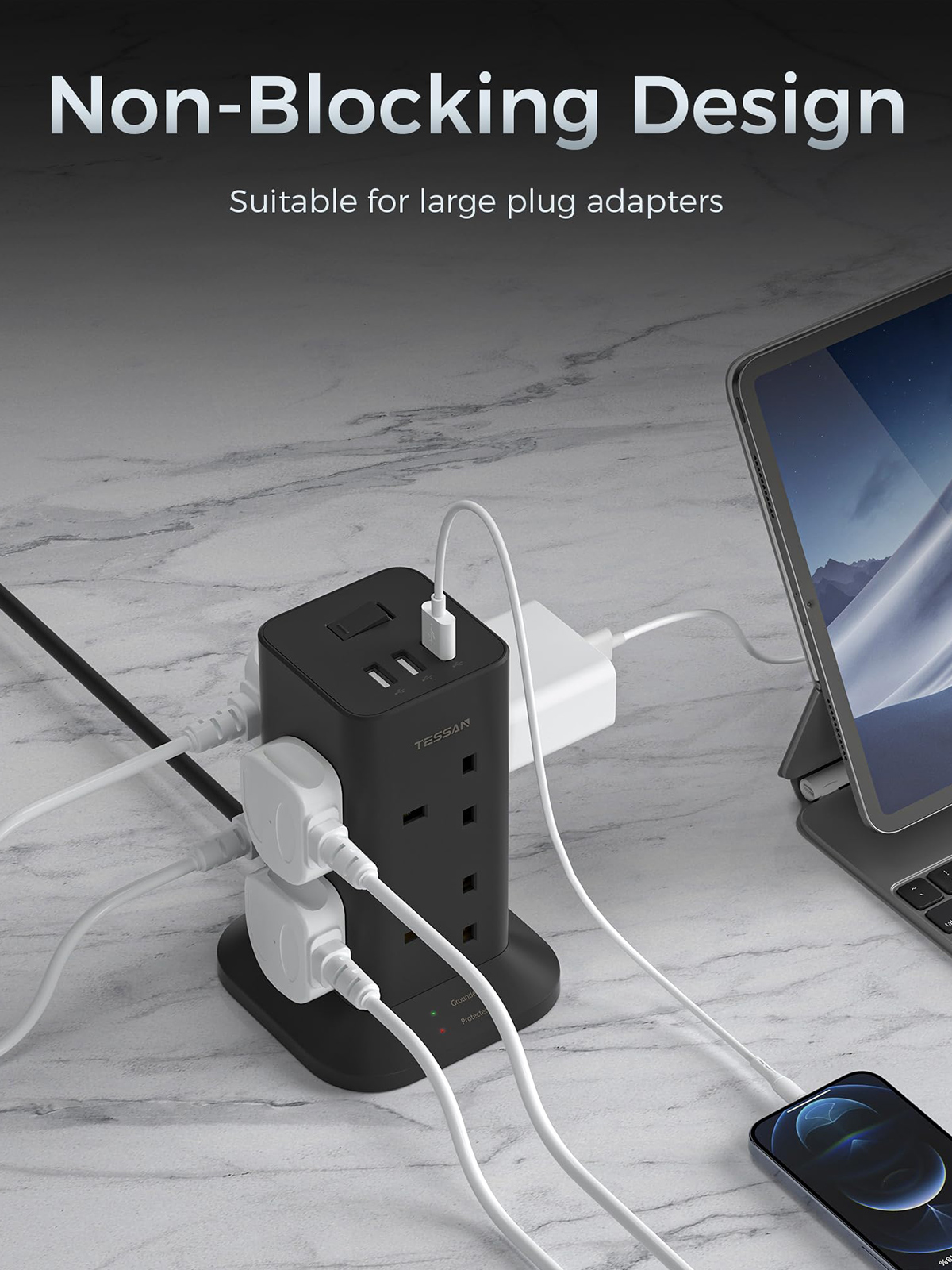 TESSAN Extension Plug Tower Extension Socket Surge Protector with 3 USB ...