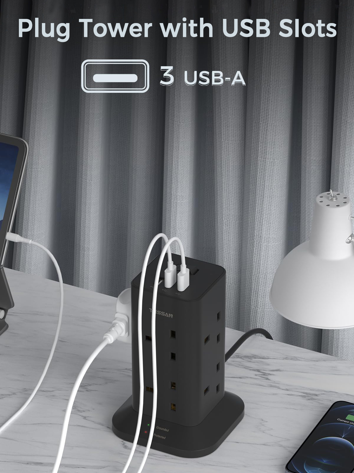 TESSAN Extension Plug Tower Extension Socket Surge Protector with 3 USB ...
