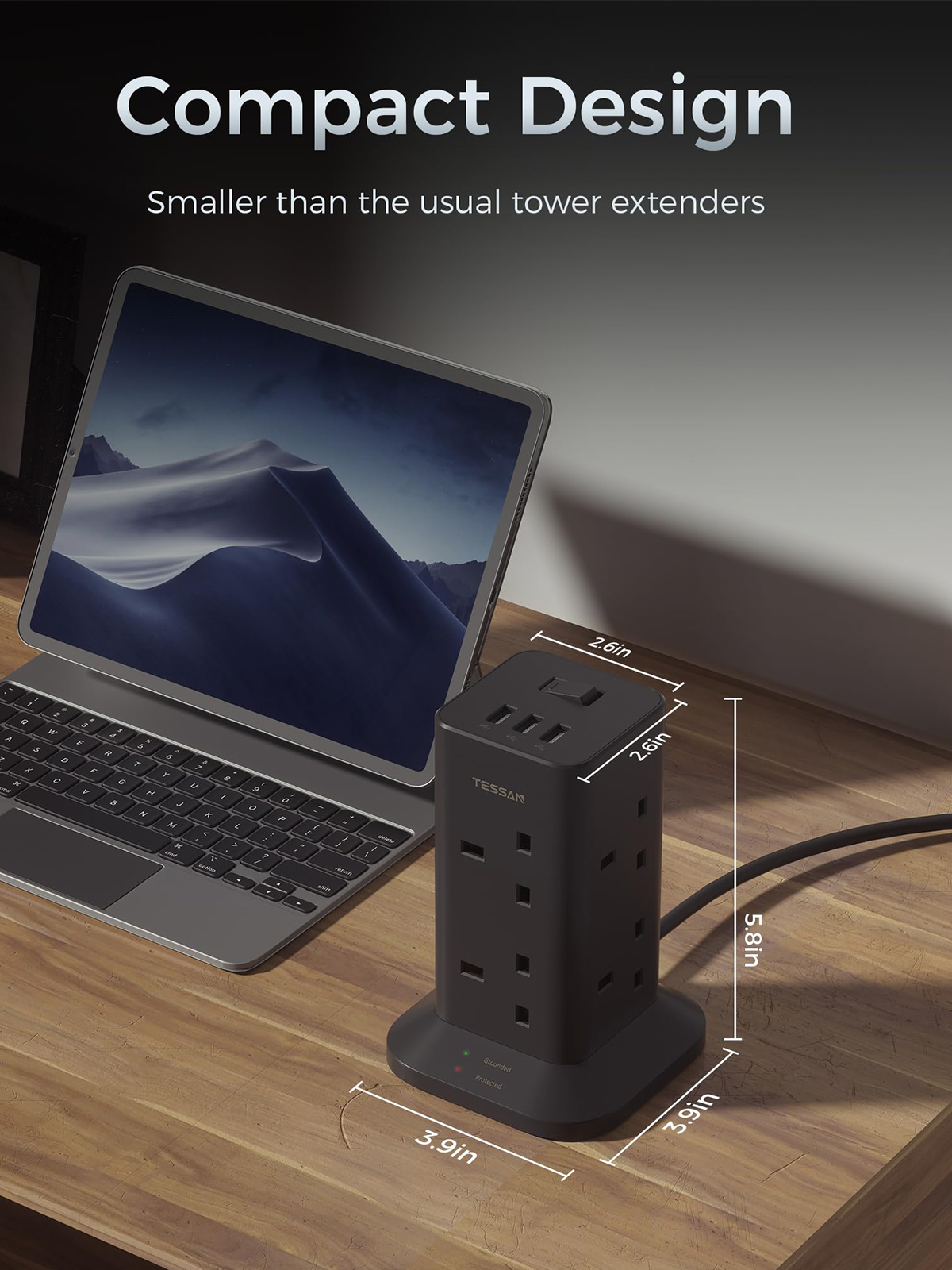 TESSAN Extension Plug Tower Extension Socket Surge Protector with 3 USB ...