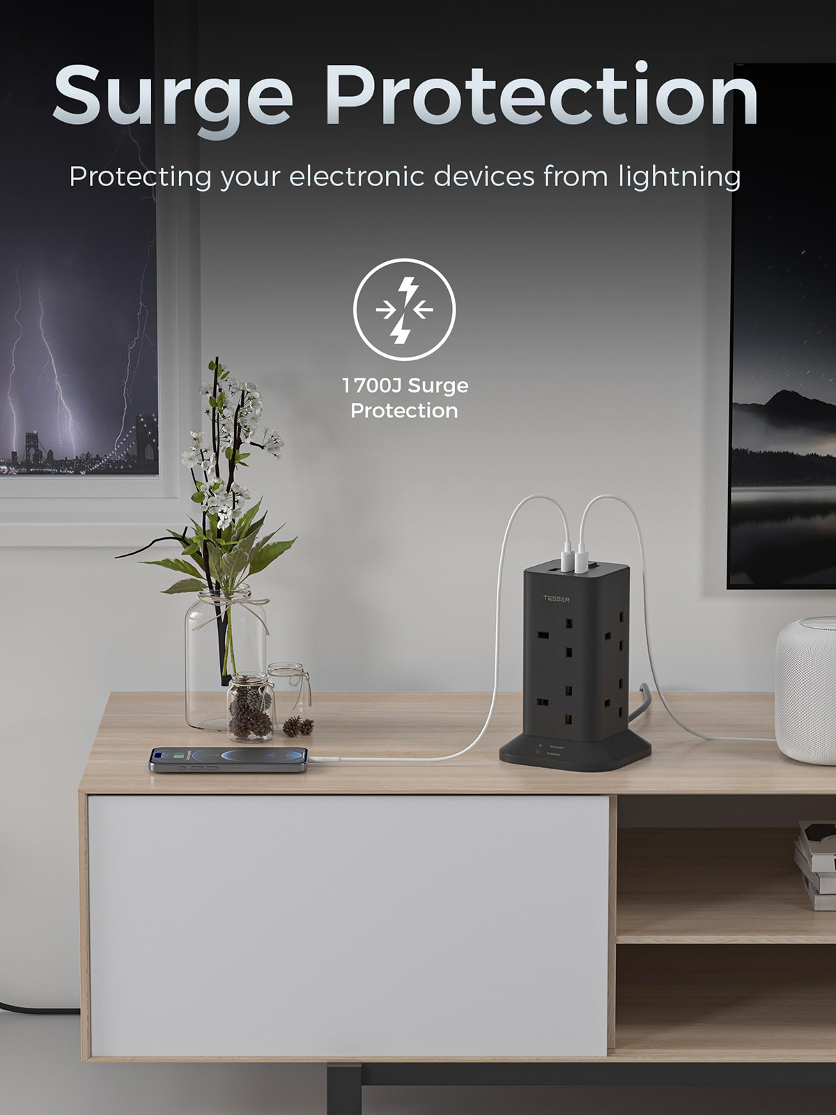 TESSAN Extension Plug Tower Extension Socket Surge Protector with 3 USB ...