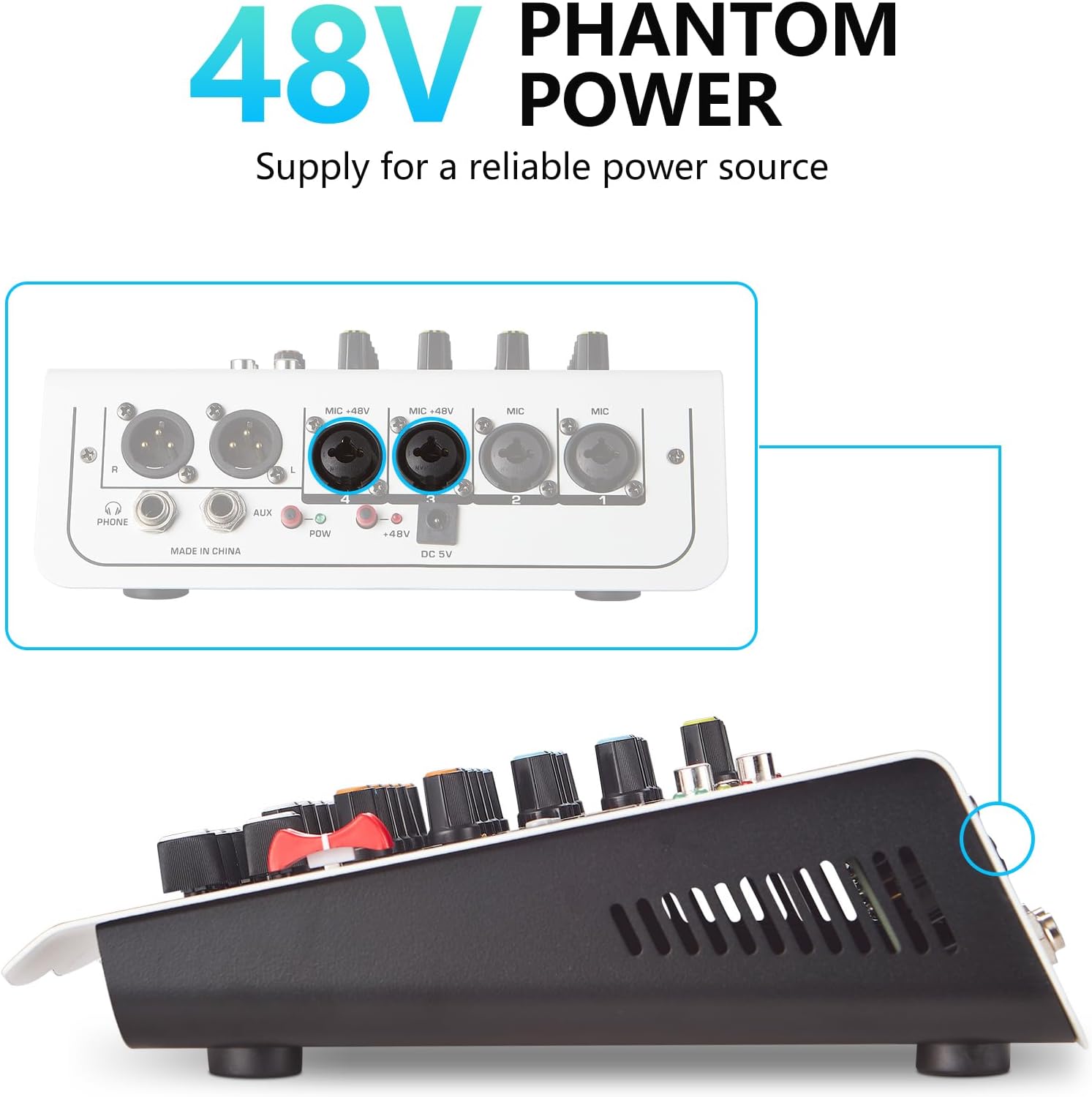 BOMGE Audio Mixer 6 Channel DJ Mixer Sound Board Console with USB MP3 Bluetooth Input 48V For ...