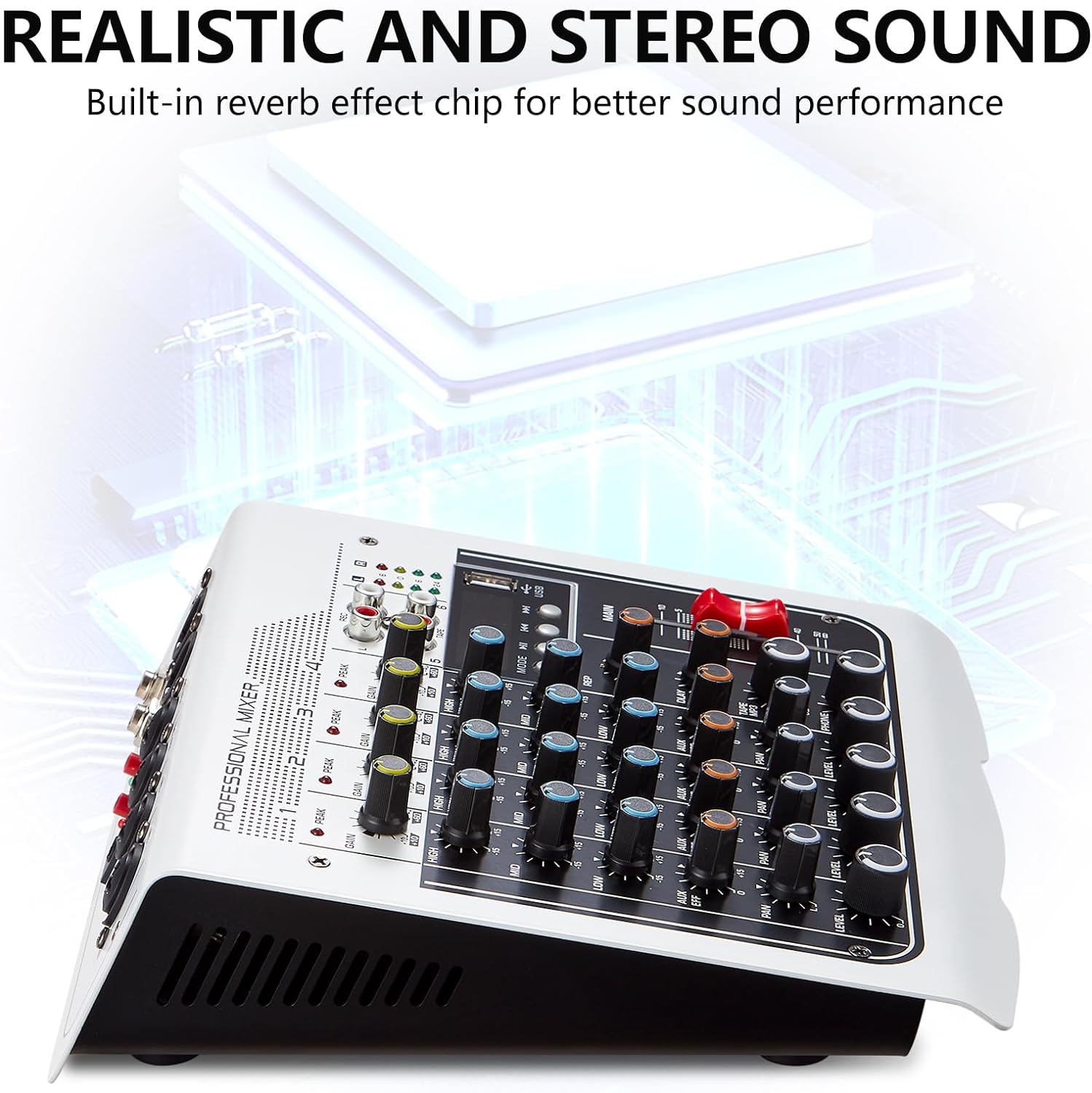 BOMGE Audio Mixer 6 Channel DJ Mixer Sound Board Console with USB MP3 Bluetooth Input 48V For ...