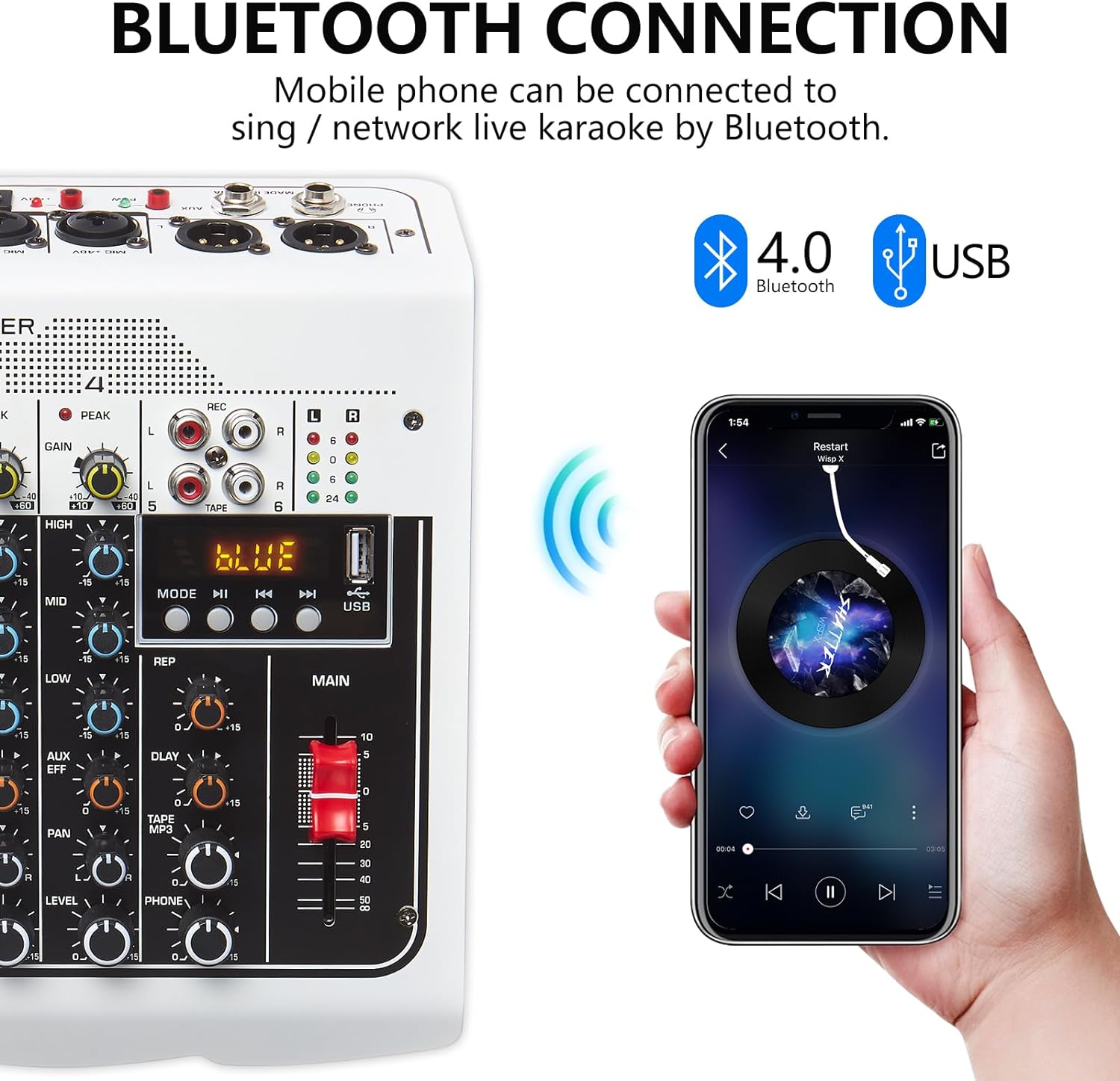 BOMGE Audio Mixer 6 Channel DJ Mixer Sound Board Console with USB MP3 Bluetooth Input 48V For ...