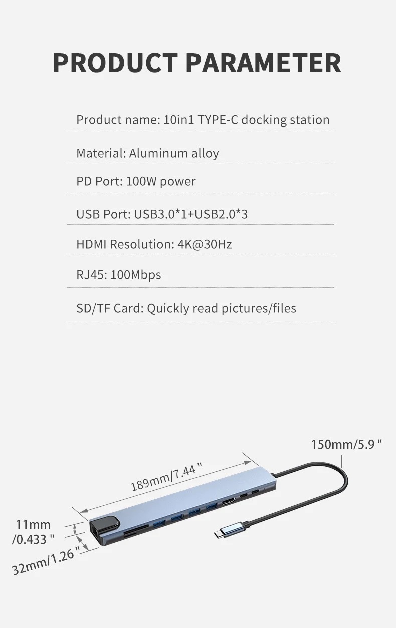 10in1 Typec to HDMI 4K Docking Station USB3.0 PD Charging SD/TF Reader ...