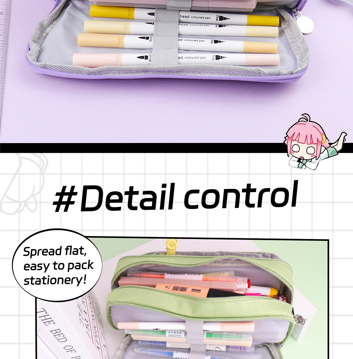 Kawaii Pencil Box Large Capacity Pencil Case 3 Compartment Pouch Pen ...