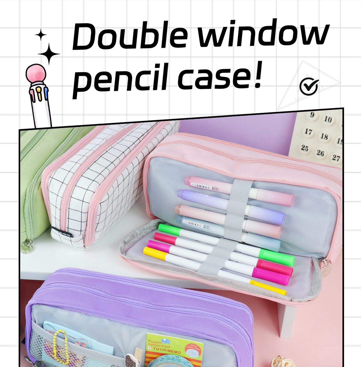 Kawaii Pencil Box Large Capacity Pencil Case 3 Compartment Pouch Pen ...