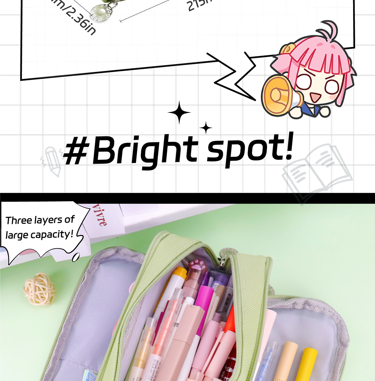 Kawaii Pencil Box Large Capacity Pencil Case 3 Compartment Pouch Pen ...