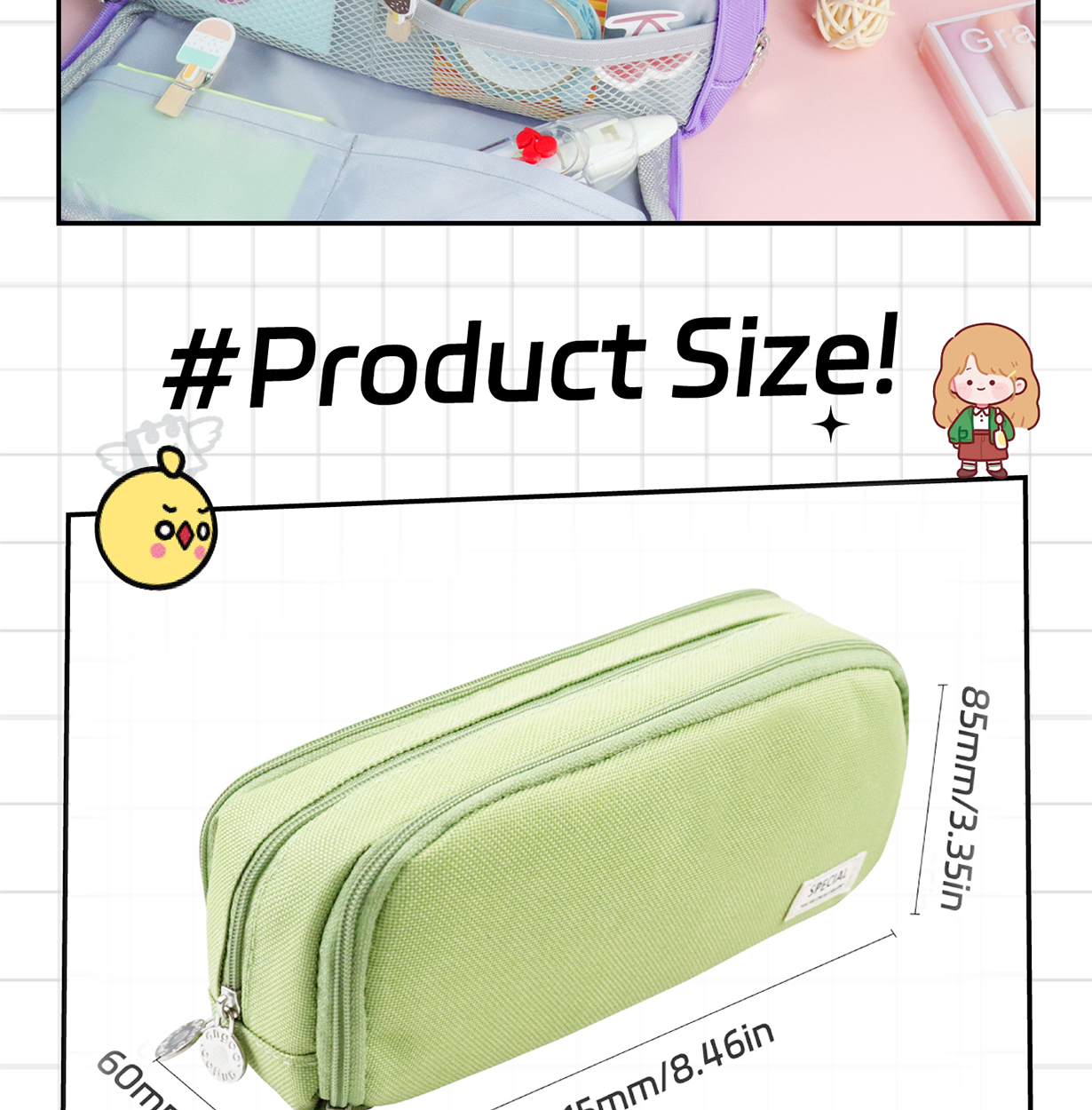 Kawaii Pencil Box Large Capacity Pencil Case 3 Compartment Pouch Pen ...