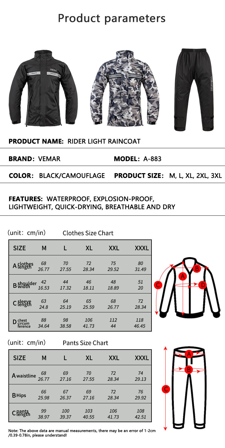 Vemar Motorcycle Raincoat Split Set Tops Pants Waterproof Men's Riding ...