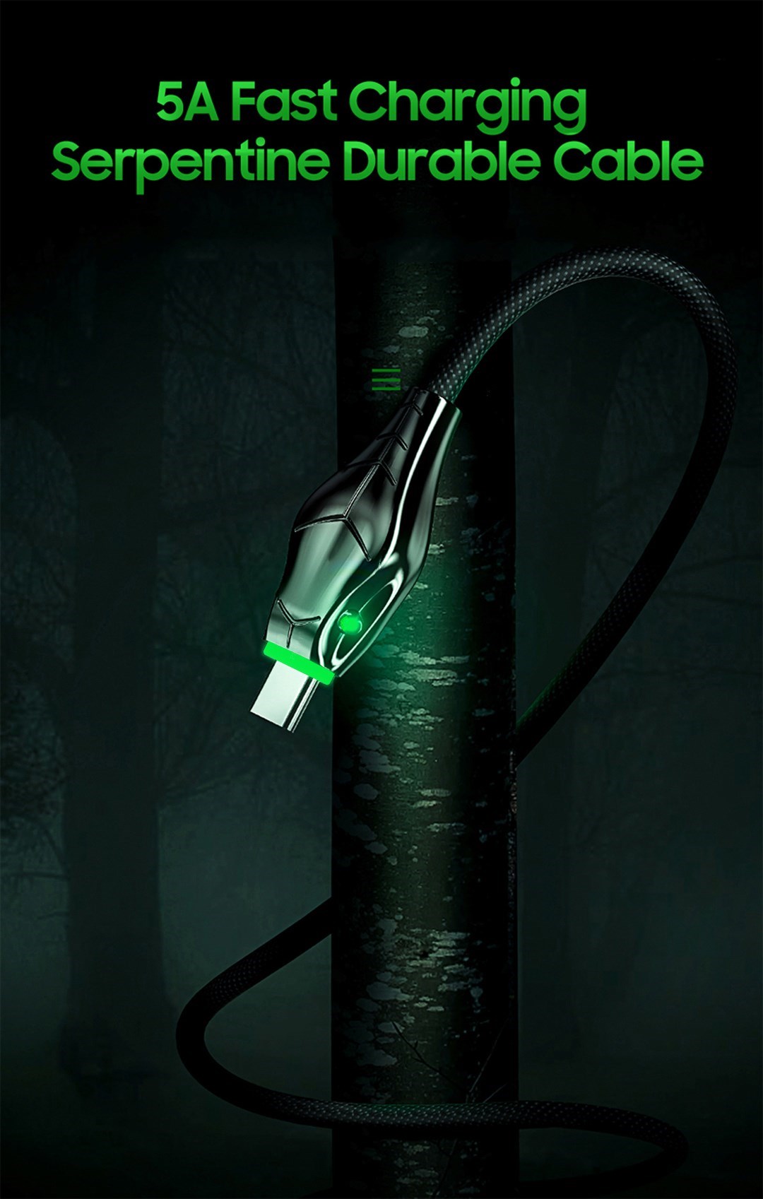 66W 5A Super Fast Charging Zinc Alloy Snake Head With Light Data Cable ...