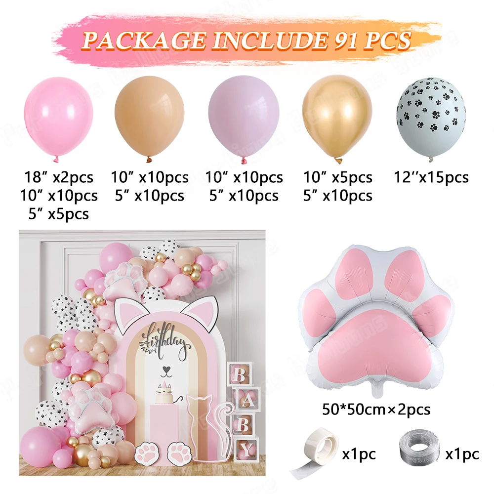 91pcs New Meow Cat Theme Balloon Garland Arch Pink Cat Paw Foil Balloon ...