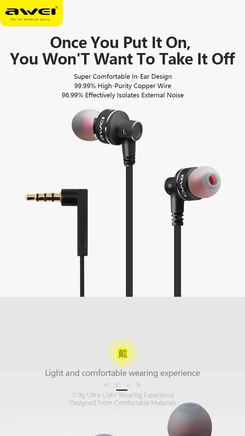 Awei ES-10TY 3.5mm Wired Earphone With Microphone In-Ear Earbuds 11.5mm Speaker Unit Full Metal ...