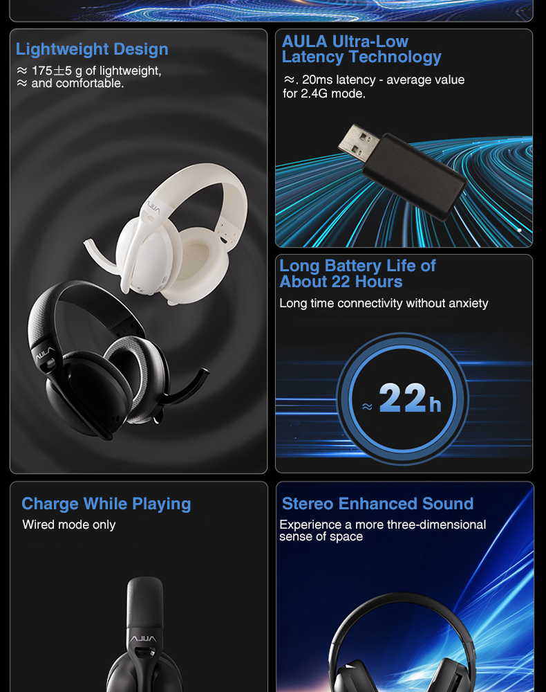 AULA S6 Tri-mode Game Headset 2.4G/bluetooth/wired Low Latency Ultra ...