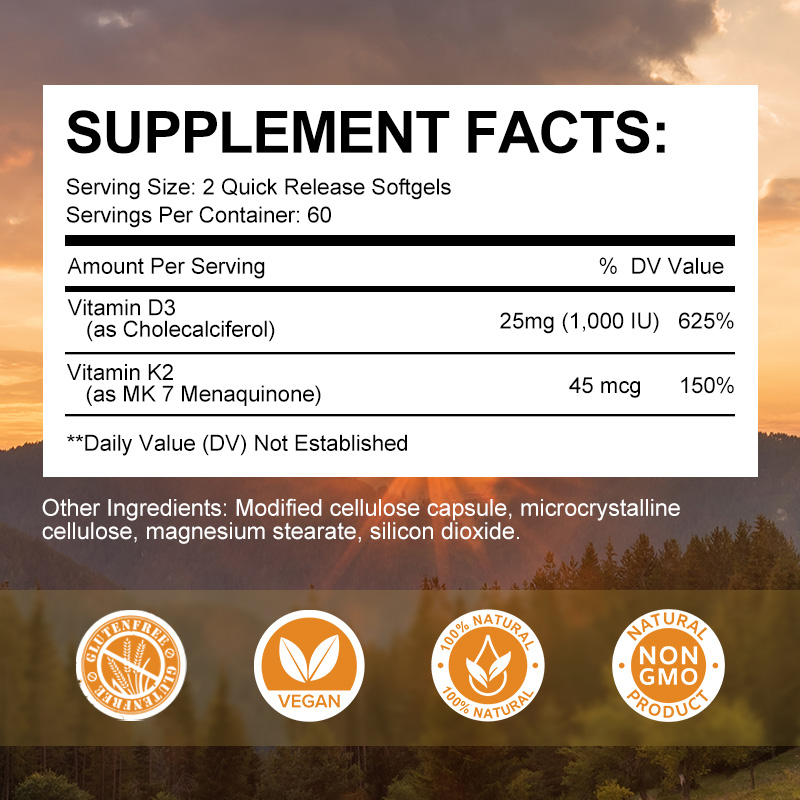 Orgeuos Vitamin D3 K2 Capsule 1000IU/45Mcg Promote Calcium Metabolism Protect Bone Health ...