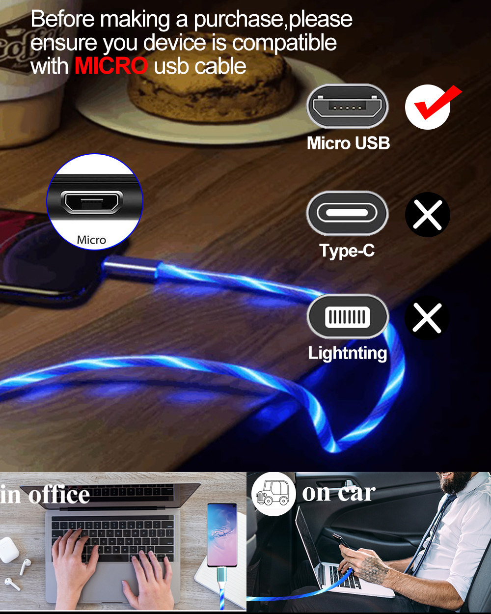 Micro USB Cable Charger, Led Light Up Glowing Micro USB Cord for ...