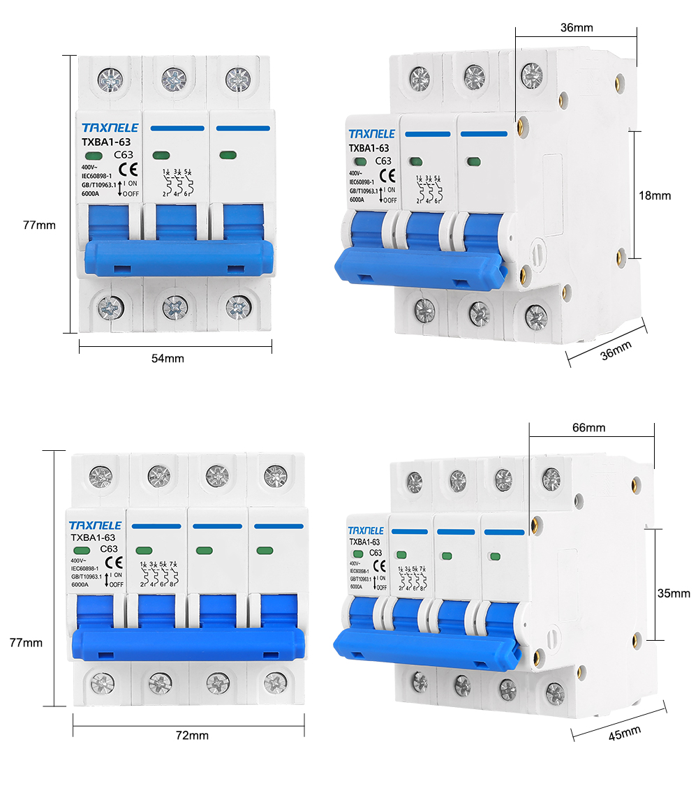 TAXNELE AC MCB 1P 2P 3P 4P 230V 400V 6KA Mini Circuit breaker Air Switch 6A 10A 16A 20A 32A 40A ...
