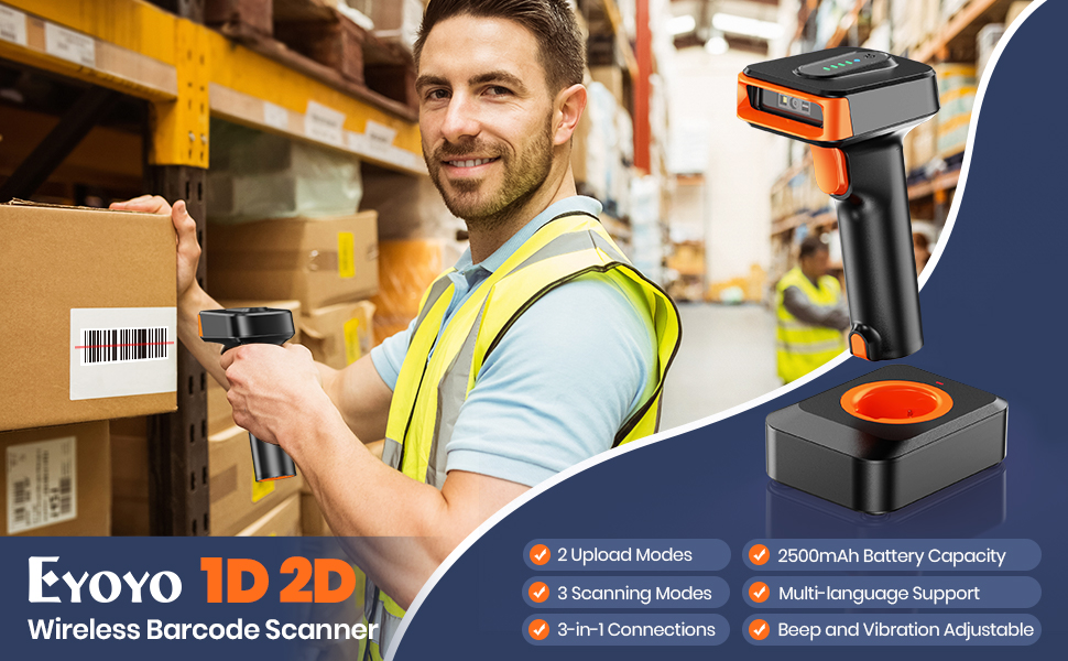 Eyoyo 2D QR Wireless Barcode Scanner 3 in 1 Bluetooth & USB Wired & Wireless 1D 2D QR Barcode ...