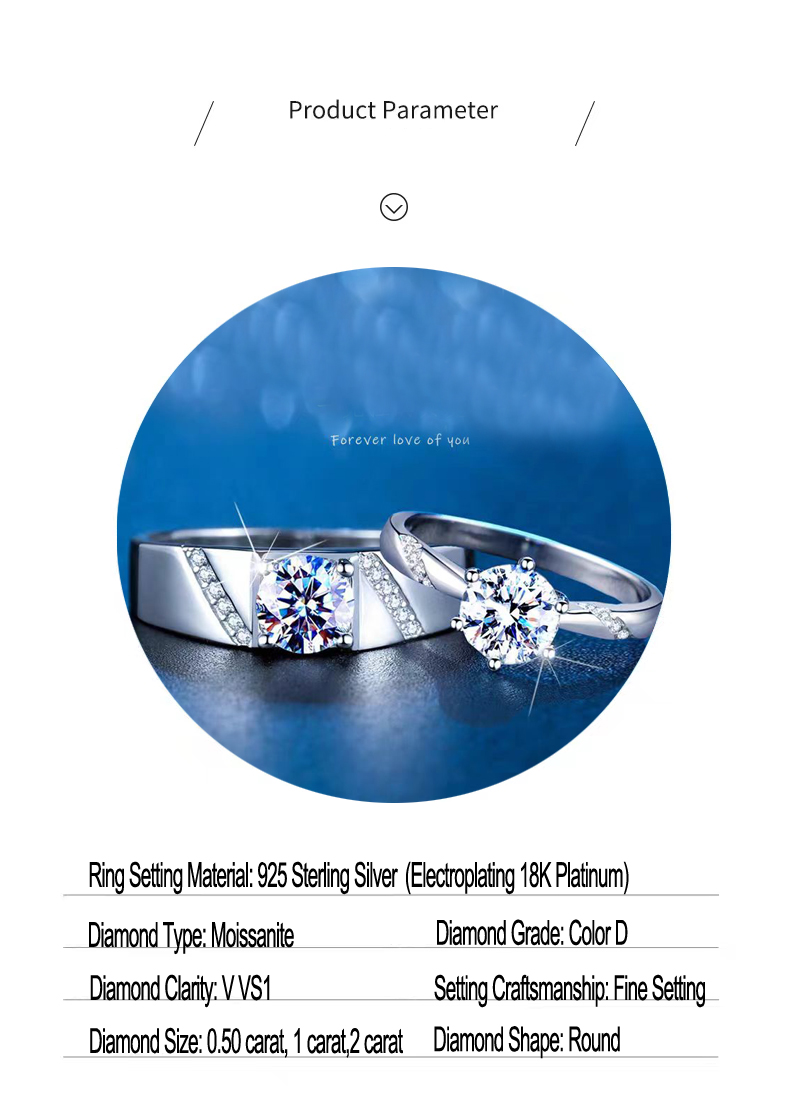 S925 Pure Silver Plated with 18K Platinum Moissanite Ring for Men with GRA Certificate Four-Claw ...