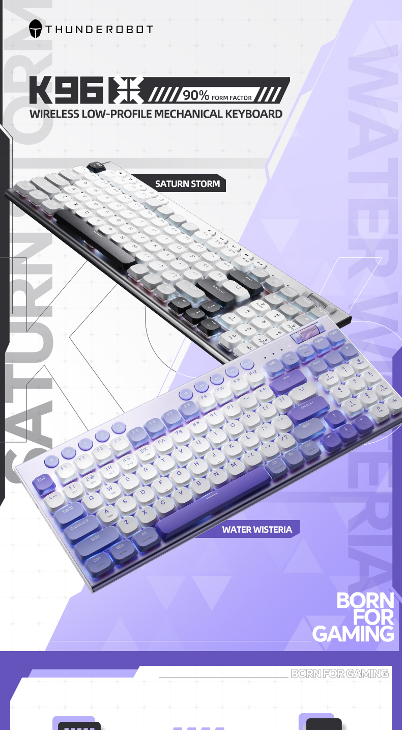 Thunderobot K96 Wireless Low-profile Mechanical Keyboard Wired Bluetooth 2.4G Wireless PBT ...