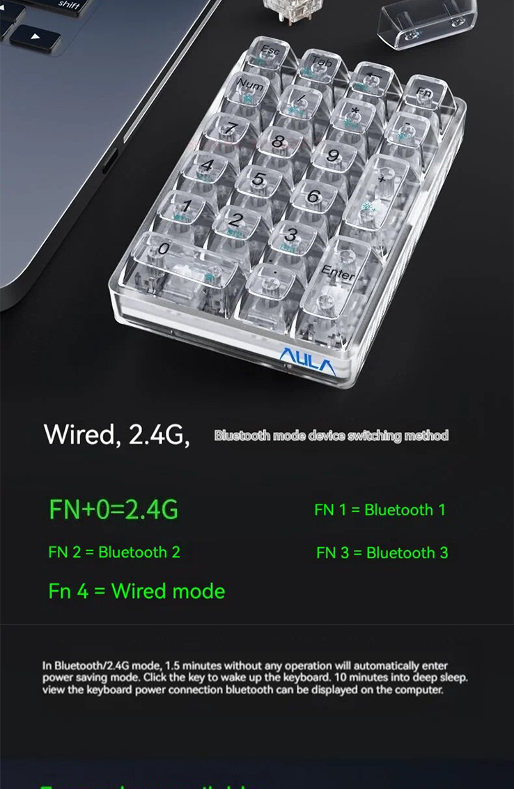 AULA F21 Wireless Numeric Keypad White Backlight Transparent Numeric ...