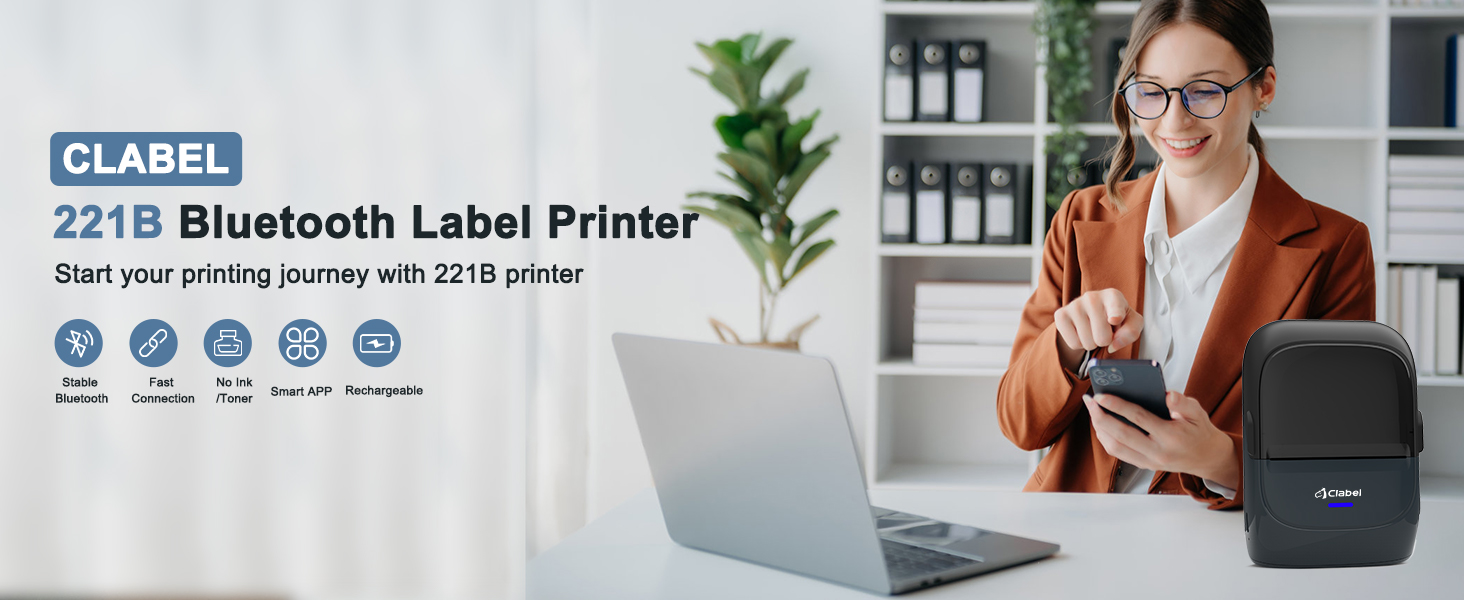 CLABEL 221B Portable Bluetooth Printer, Label Printer, Mini Printer For Label Sticker, Name Tag ...