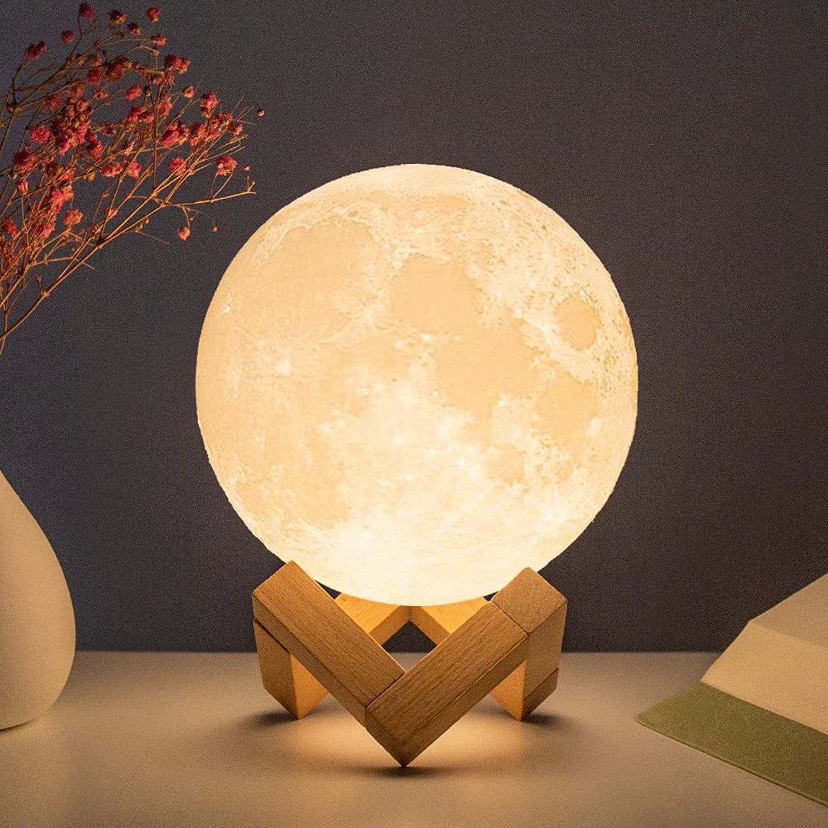 LED Moon Lamp - Battery-Powered Night Light with Stand, Starry Bedroom ...