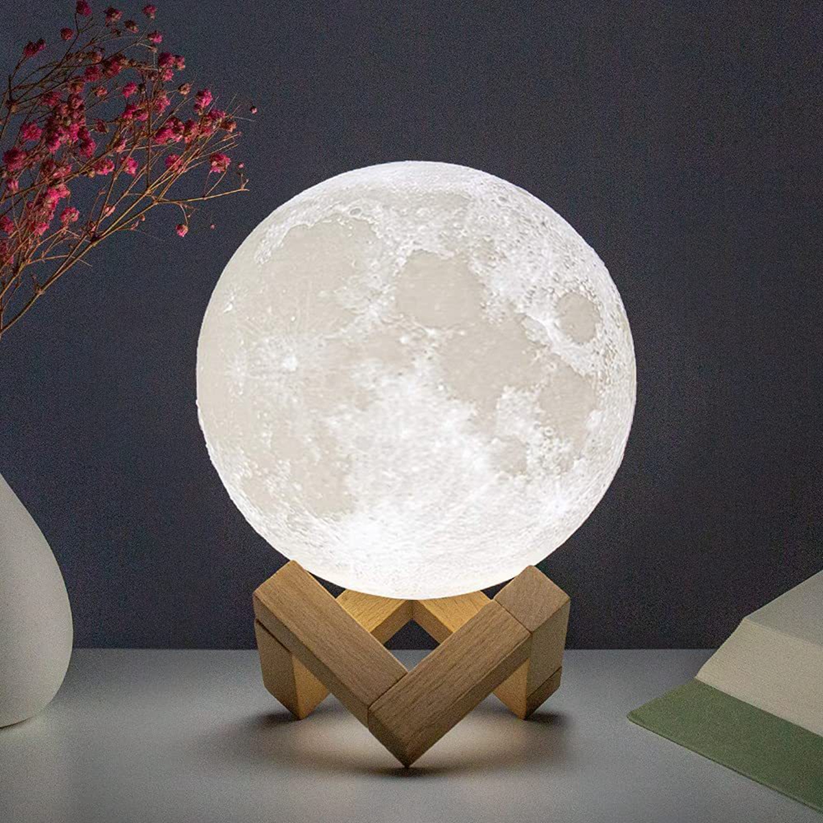 LED Moon Lamp - Battery-Powered Night Light with Stand, Starry Bedroom ...