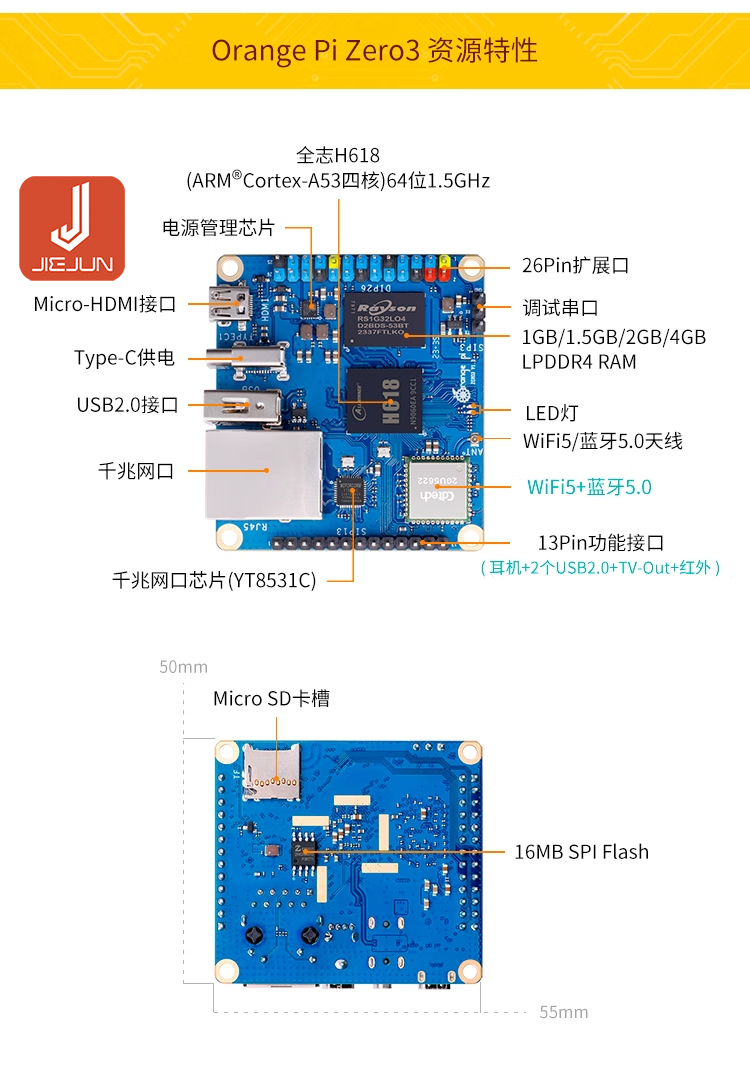 （Zero3 (2G) Mainboard + power supply + heat sink）OrangePi zero3 whole Chi H618 chip four kinds ...