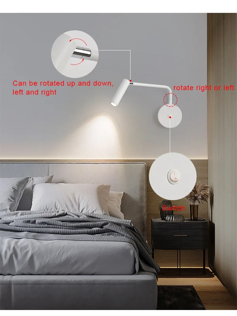 Minimalist Bedside Wall Lights Rotable Led Reading Light Wall Mounted ...