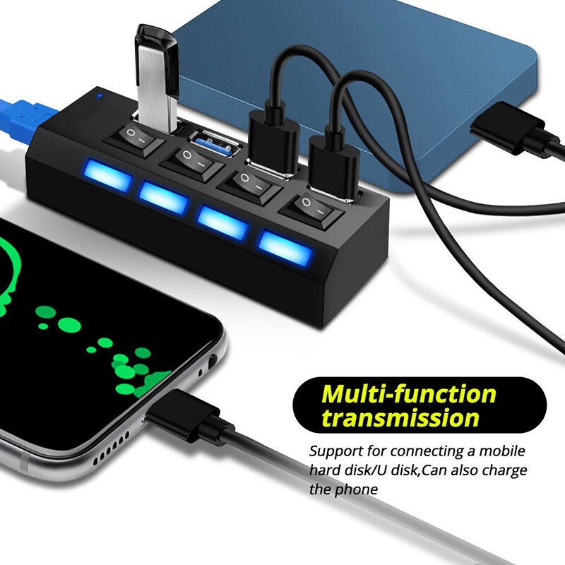 4-Port USB 2.0 data hub with independent LED power switch, high-speed ...