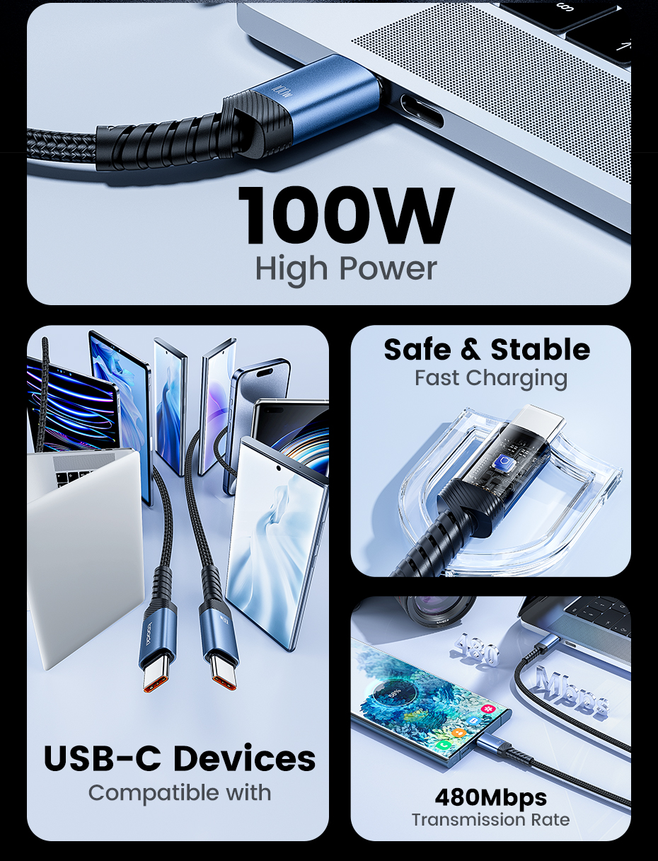 Toocki 100W Type C To Type C Cable PD 60W Fast Charging USB To Type C Data Cord For USB C Phone ...