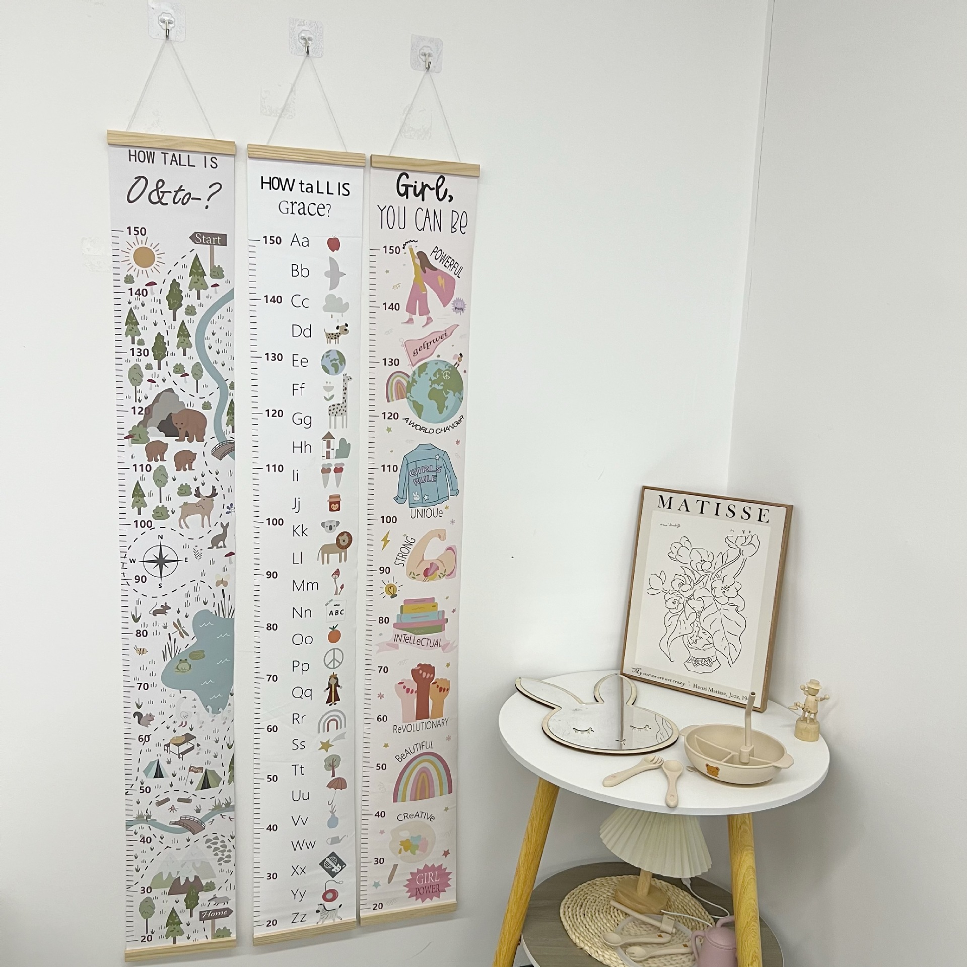 Wooden Frame Kids Hanging Growth Chart with Fabric Canvas Height ...