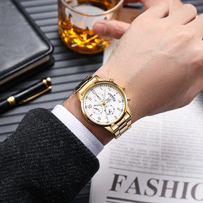 New trend men's casual fashion scale business calendar steel belt watch ...