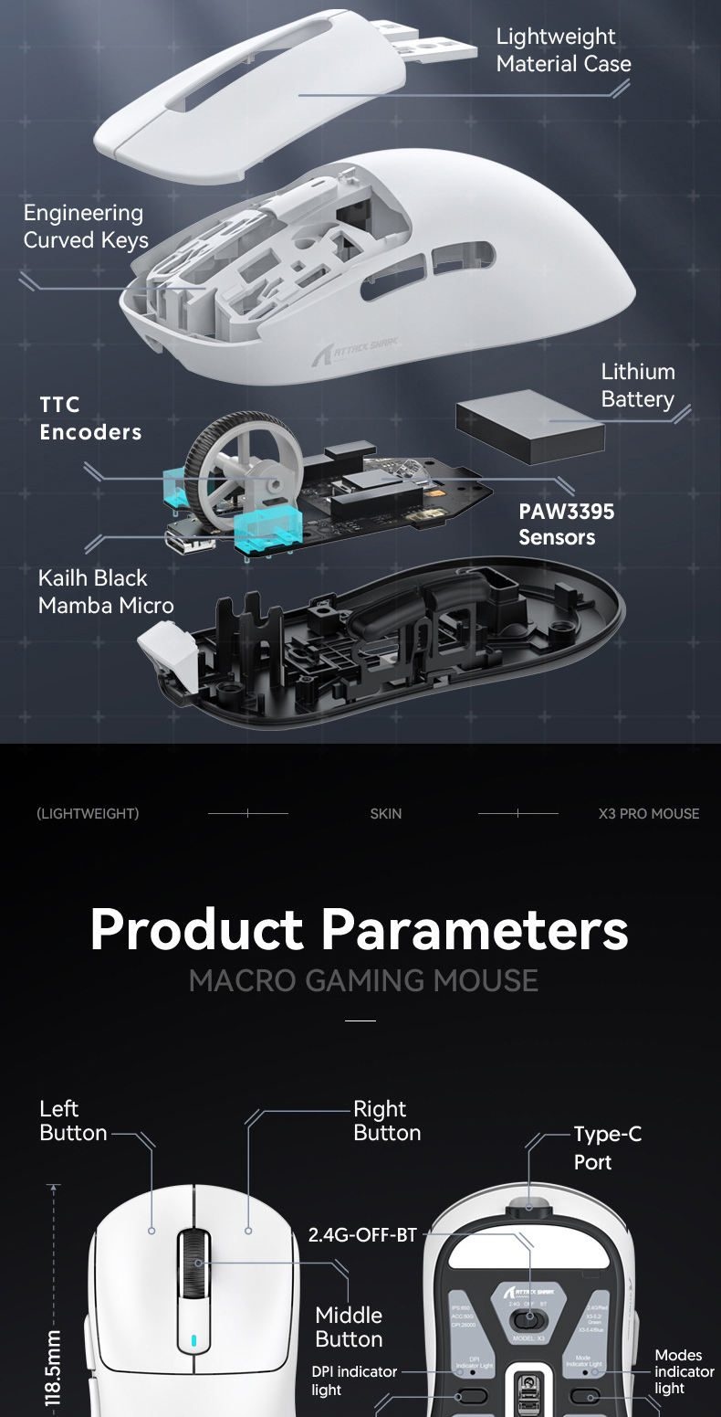 Attack Shark X3 PRO 4K/8K Wireless Mouse Tri-Mode 2.4G 5.2BT Type-C 6-Gear 26000DPI PAW3395 E ...