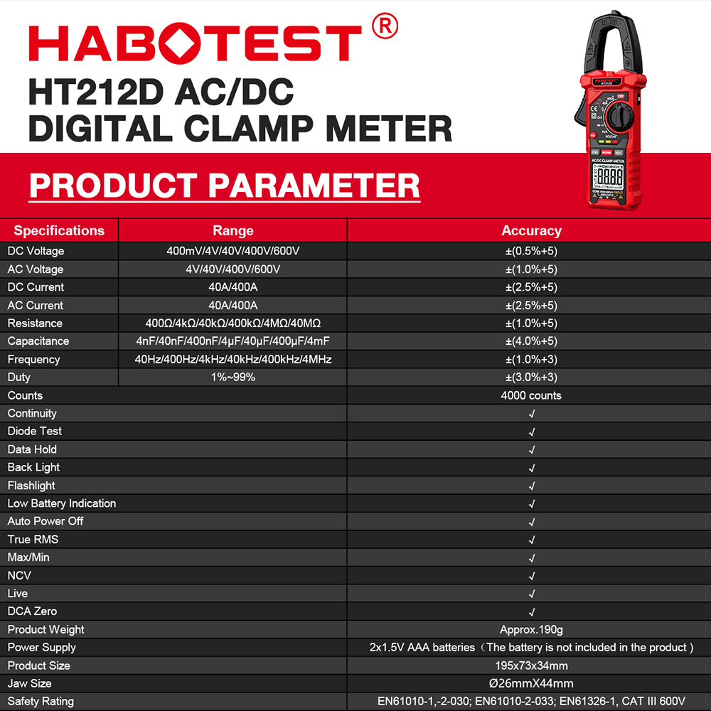 HABOTEST HT212D Multimeter Clamp 4000 Counts Digital Clamp Meter ...